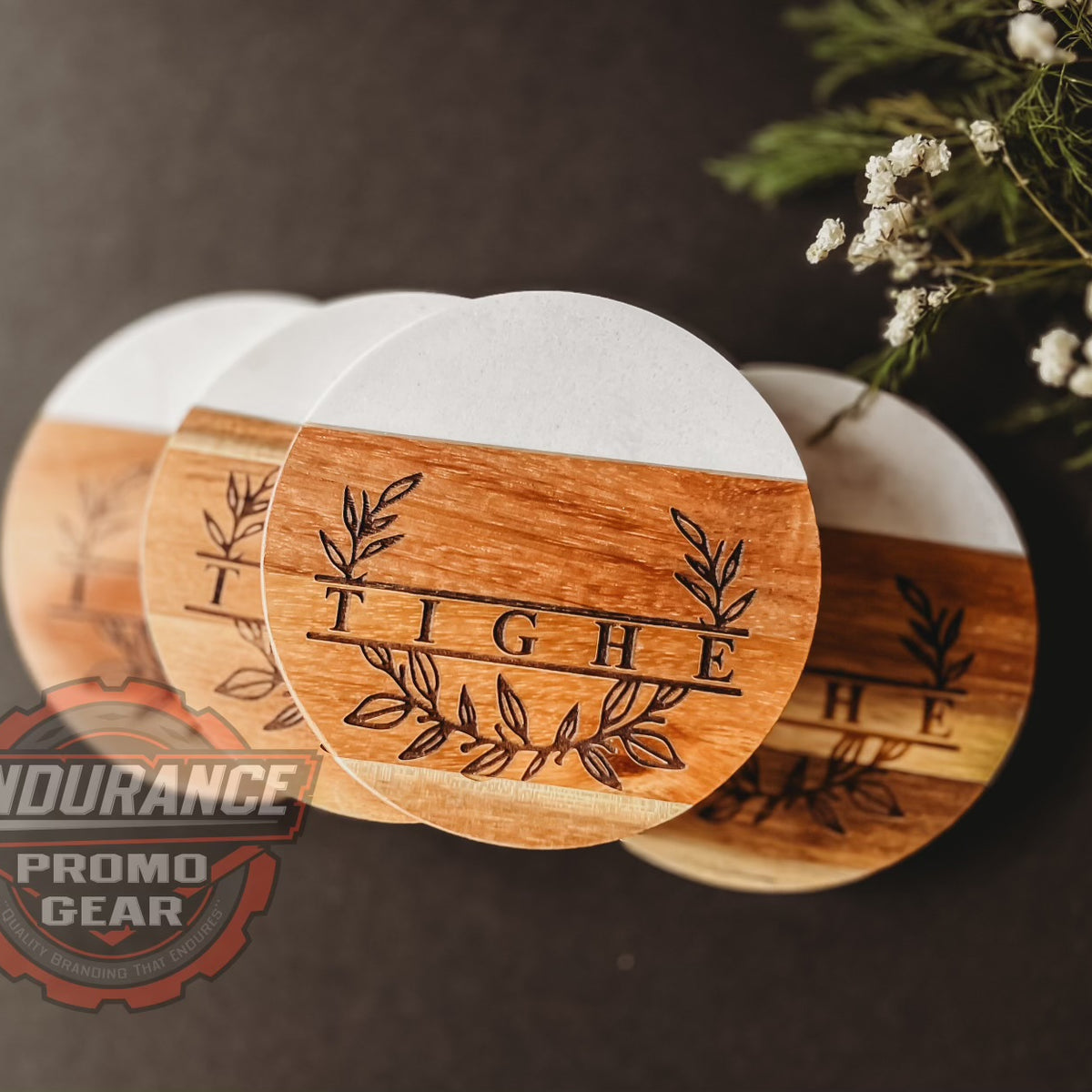 Marble & Acacia Wood Coaster Set – Endurance Promo Gear